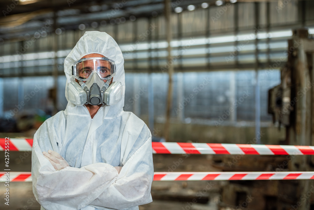 Male inspector chemical PPE suit investigate chemical gas leak spill ...