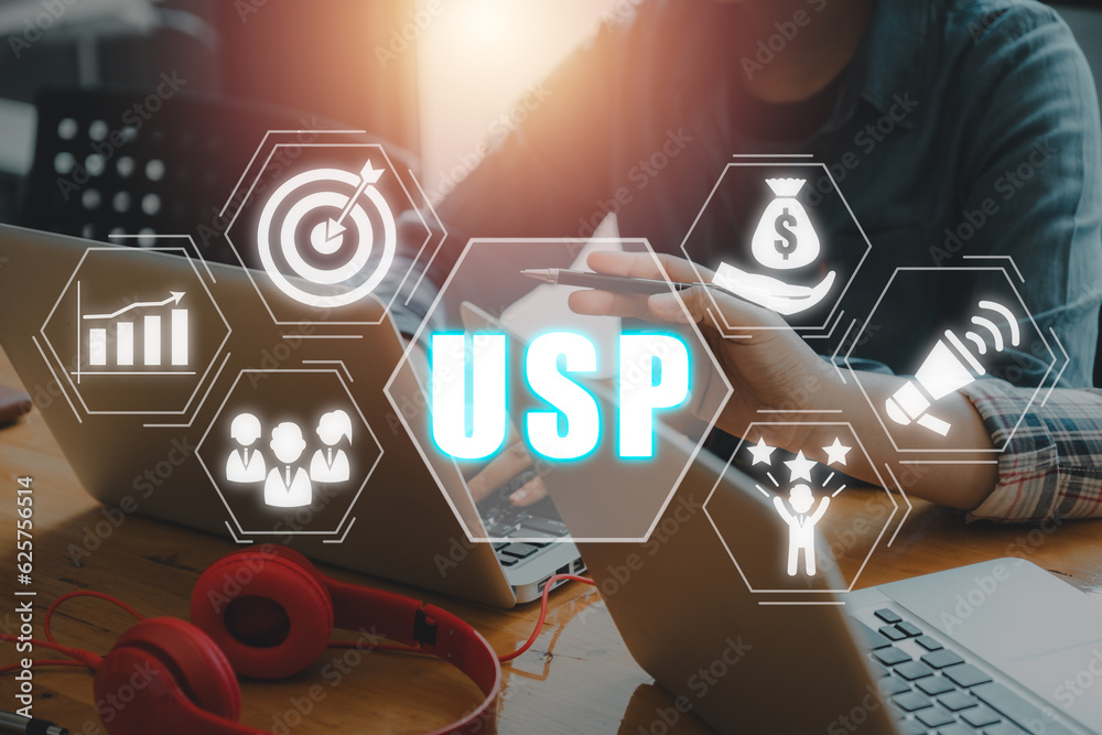 USP, Unique Selling Proposition concept, Business team working on ...