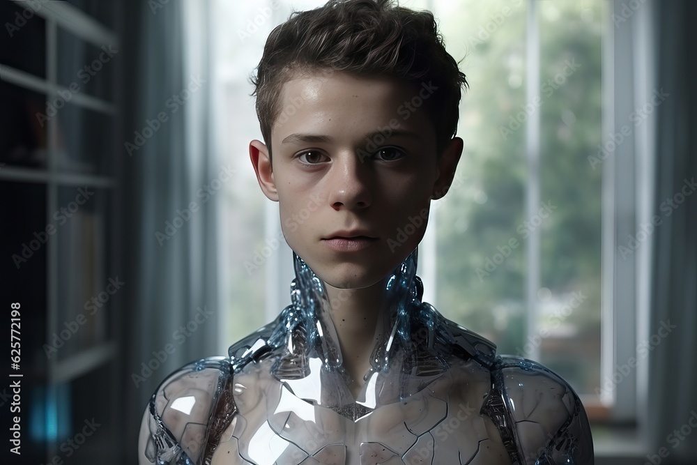 Teenager boy with a robotic body. Transplantation of the soul and mind ...
