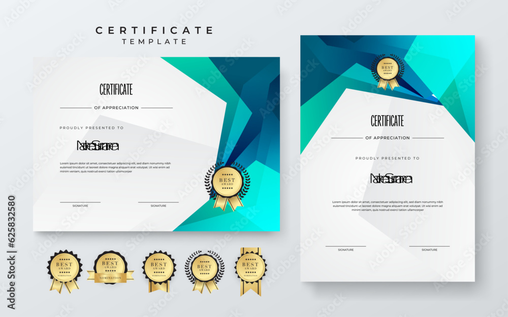 Certificate template with geometry frame and gold badge. White ...
