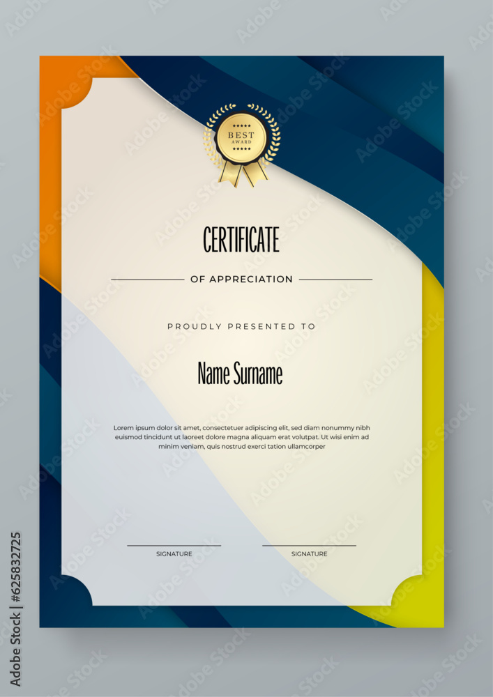 Certificate template with geometry frame and gold badge. White ...