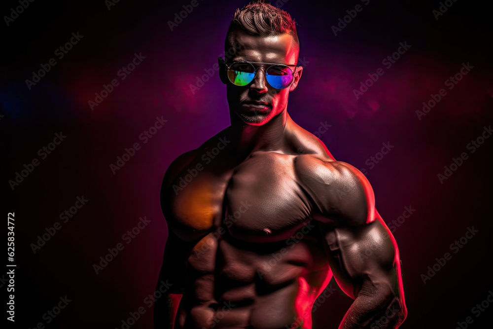 Sportive man bodybuilder is posing in the colorful neon light with ...