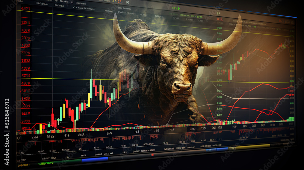 The bull and chart for business or bull market trader concept ...