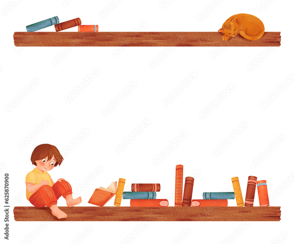 Rectangular frame with a bookshelf. The cartoon child character is ...