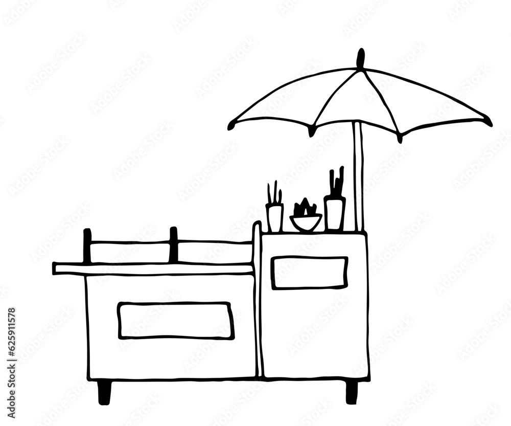 Simple black outline vector drawing. Street food stall, umbrella. Sale ...