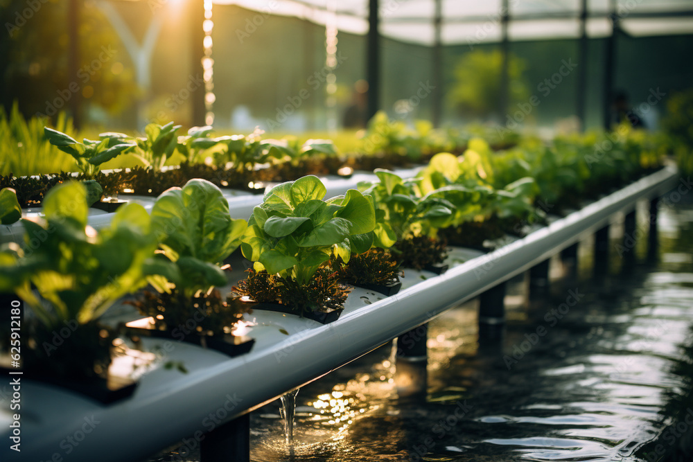a hydroponic system in operation, with nutrient-rich water flowing ...