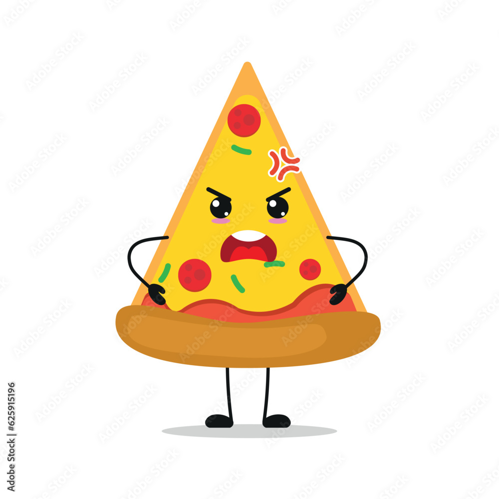 Cute angry pizza character. Funny mad pie cartoon emoticon in flat ...