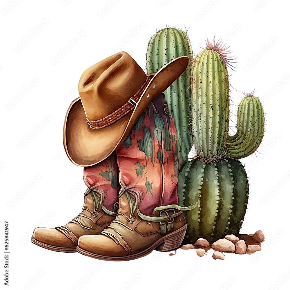 Cactus, cowboy boots and cowboy hat. Watercolor hand painted rodeo ...