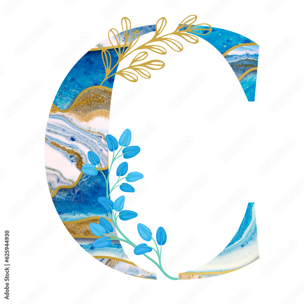 Blue gold marble ink alphabet letters from A to Z, isolated on ...