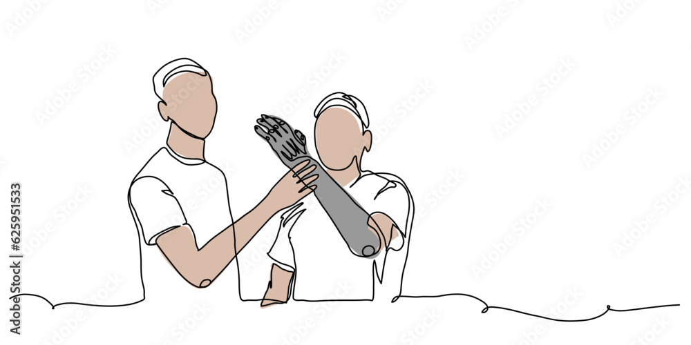 Two men demonstrates prosthetic arm, hand, limb prosthesis. One ...