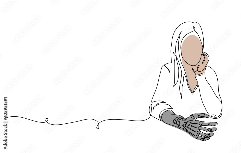 Woman demonstrates prosthetic arm, hand, limb prosthesis. One ...