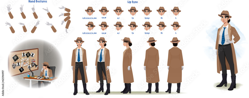 Set of male detective design. Character Model sheet. Front, side, back ...