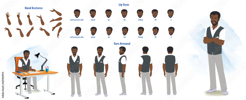 Set of african teacher character design. Character Model sheet. Front ...