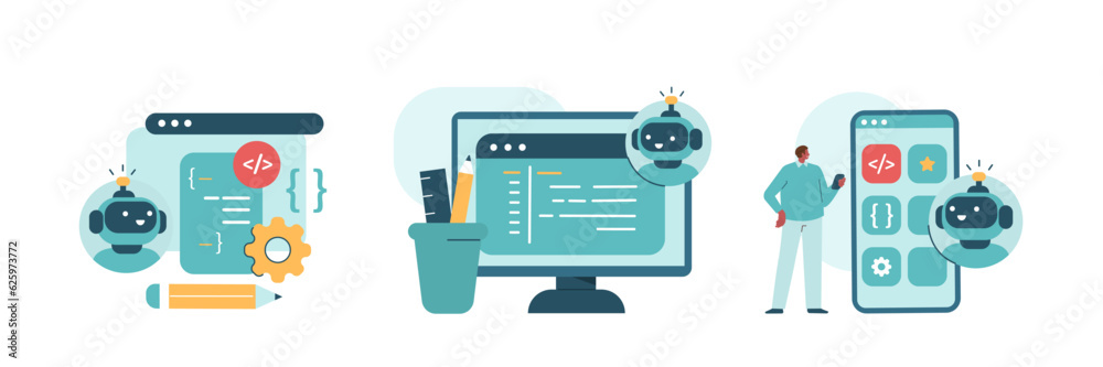 Artificial intelligence illustrations set. Collections of scenes with character using AI chat ...