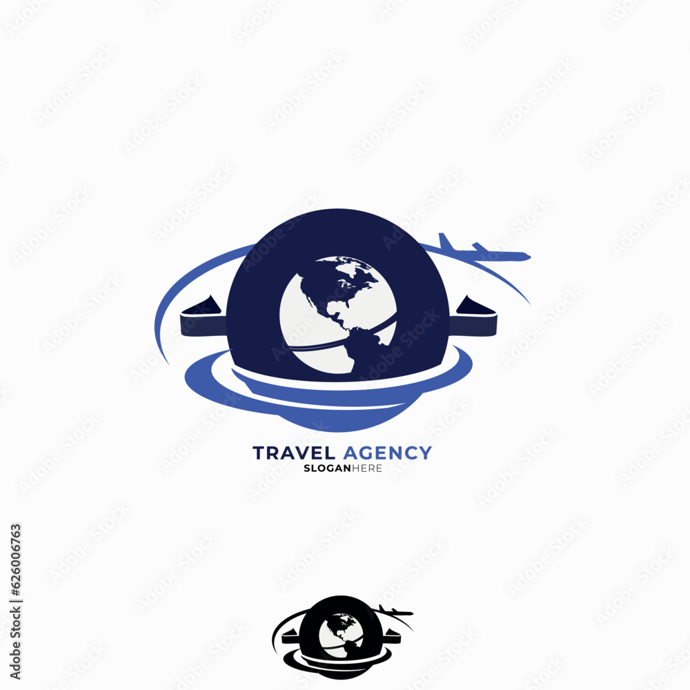 Travel agency logos, dark blue and light blue colors, vector travel ...