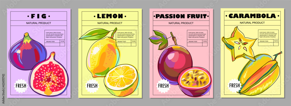 Set of templates with fruits. Fig, lemon, passion fruit, carambola ...