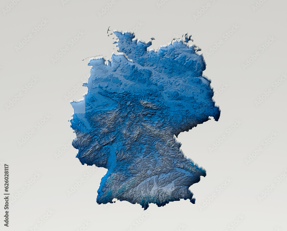 3d Deep Blue Water Germany Map Shaded Relief Texture Map On White ...