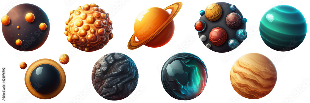 Fantasy alien planets. Isolated icons, objects on a transparent ...