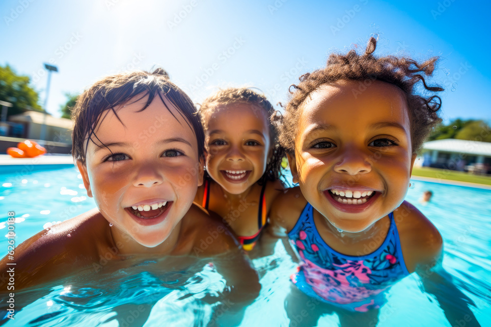 A group of diverse young children enjoying swimming lessons in pool ...