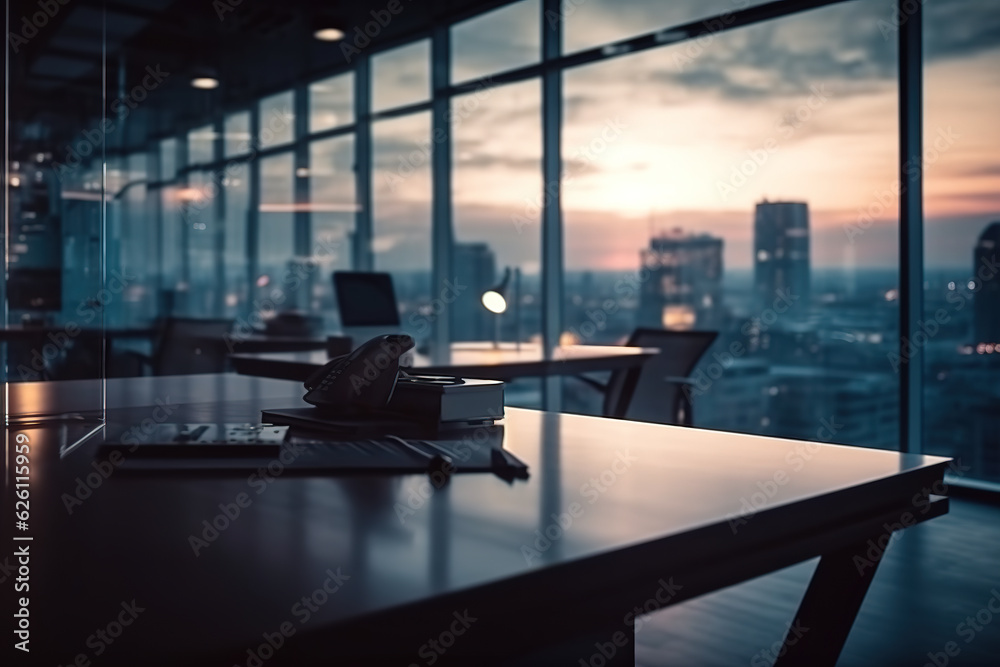 lurred office workspace in the evening , interior workplace with cityscape for business ...