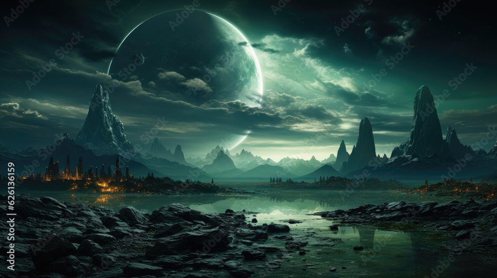 Background image presenting an alien planet landscape in the style of ...