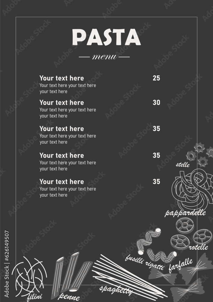 Pasta menu template. Sketch style drawing. White illustration on ...
