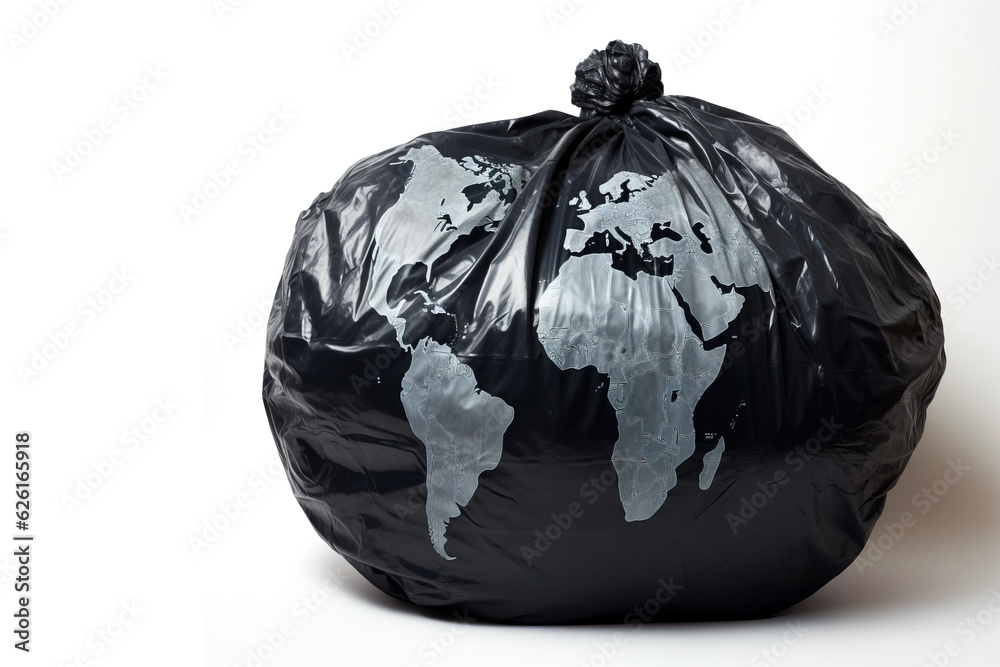 Black plastic garbage bag with texture of continents of Earth - concept ...