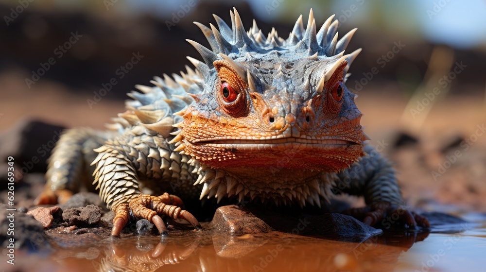 A Thorny Devil lizard (Moloch horridus) basking on the sun-scorched ...