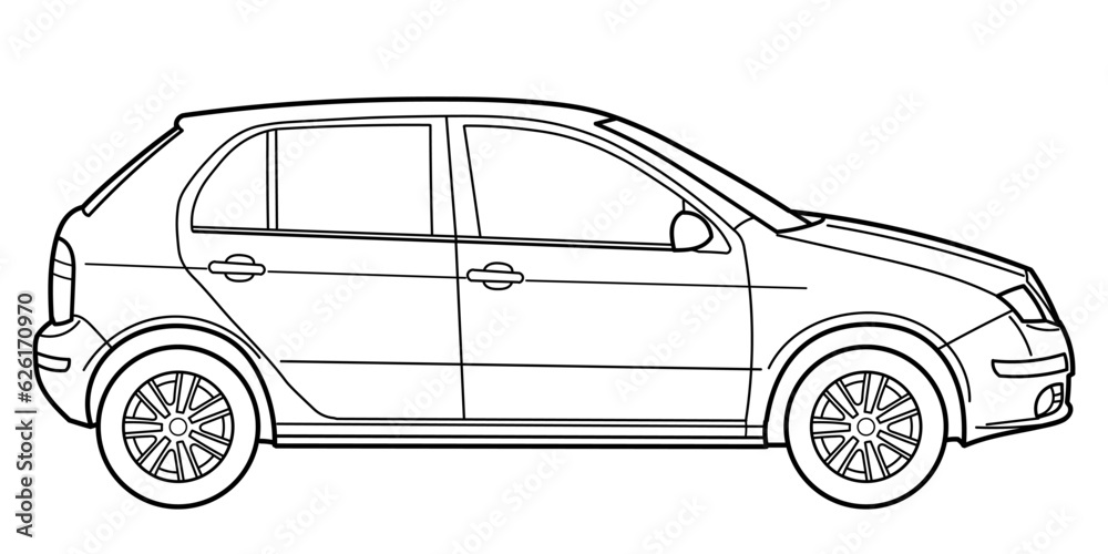 Outline drawing of a hatchback car from side view. Classic style ...