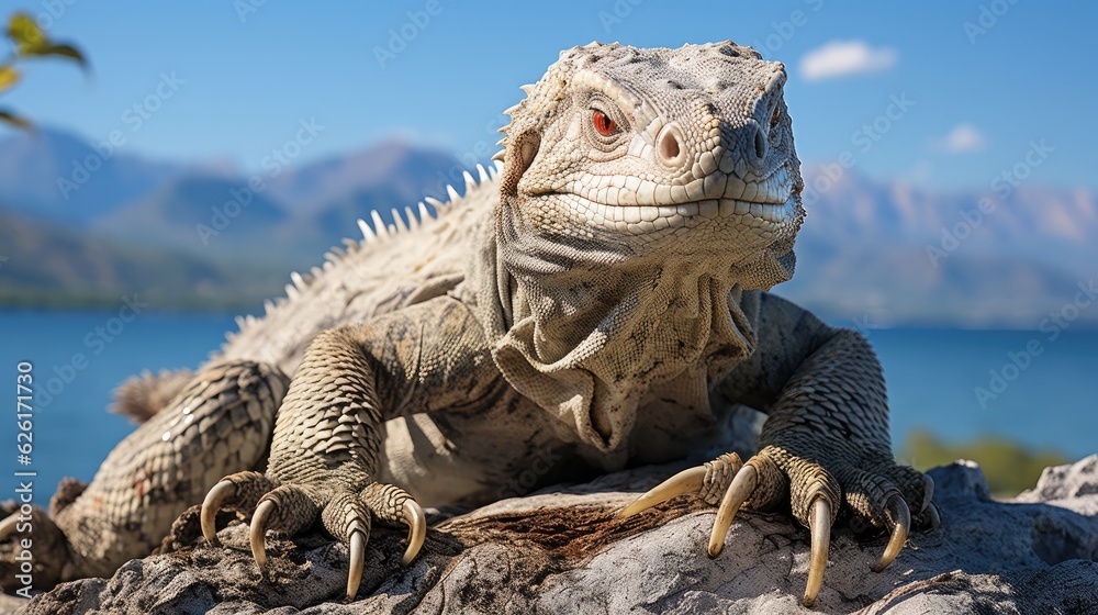 A Komodo dragon (Varanus komodoensis) sunning itself on the white sands ...