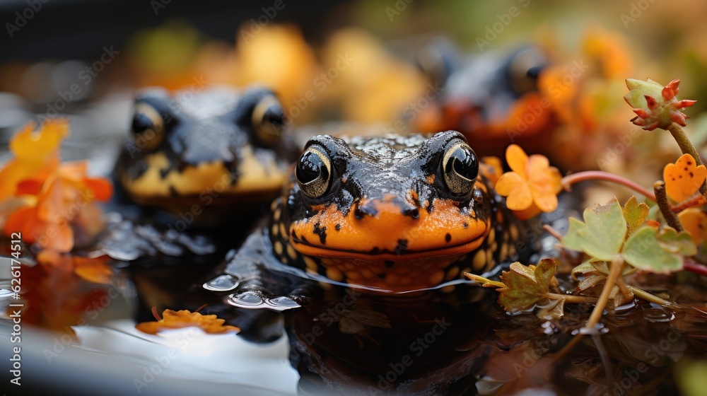 A group of European Fire-bellied Toads (Bombina bombina) floating in a ...