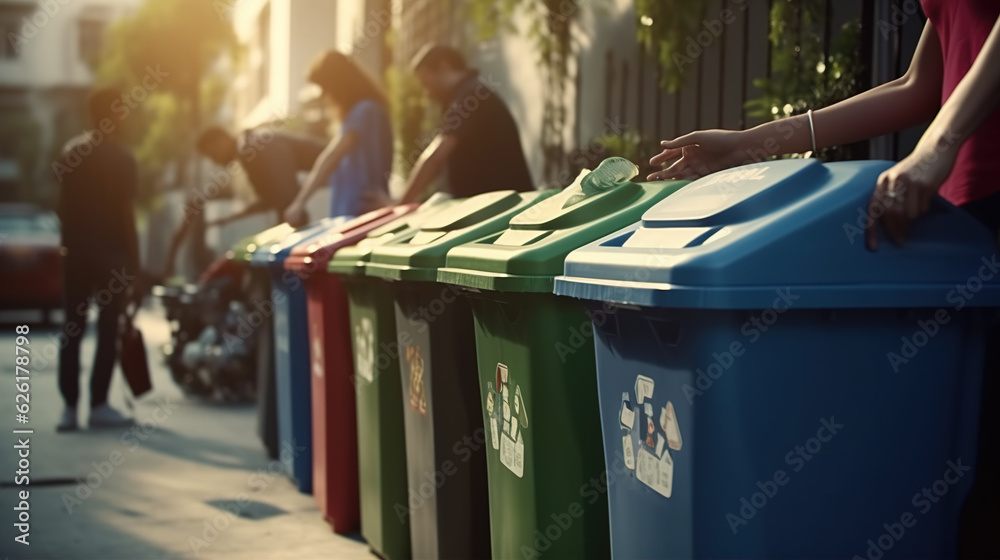 Recycling: Showcasing images of recycling bins and people separating ...