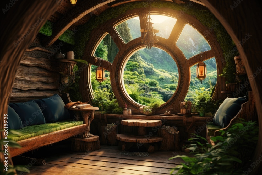 Hobbit house interior, inside fantasy wooden hut in forest. Vintage ...