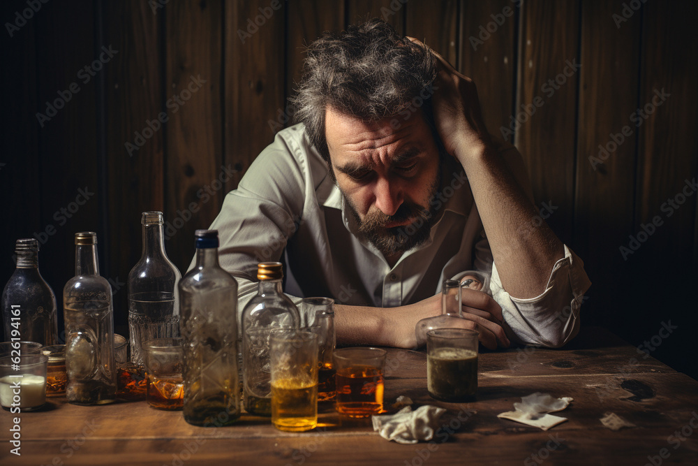 Stock-Illustration „Depressed, drunk, and depraved man slumped over a ...