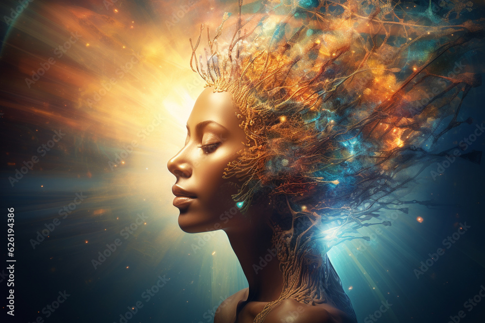 Woman enveloped by an expansive universe of thoughts, memories, and ...