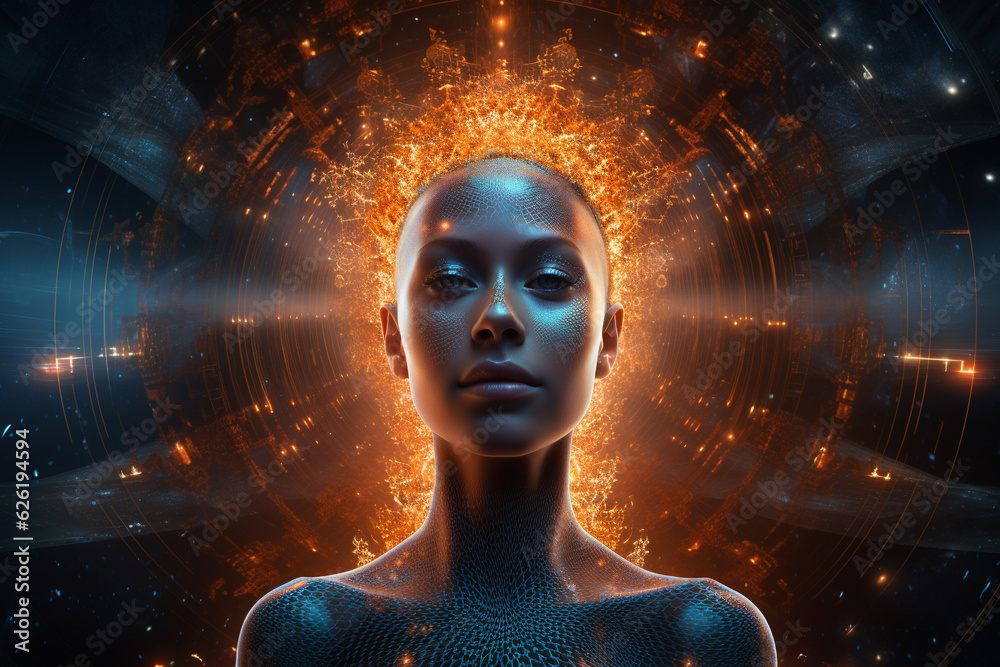 Woman enveloped by an expansive universe of thoughts, memories, and ...
