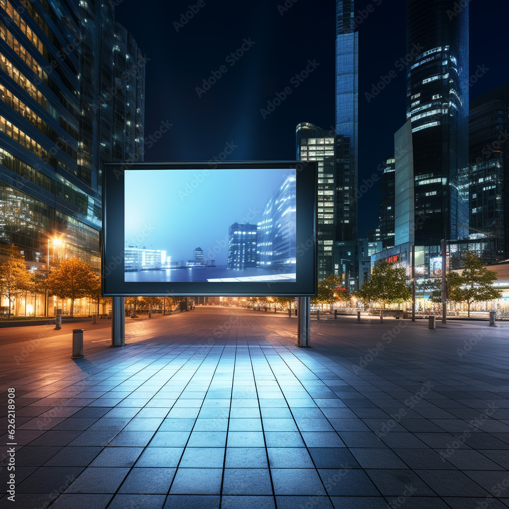 Blank digital ad screen set in a futuristic high-tech smart city ...