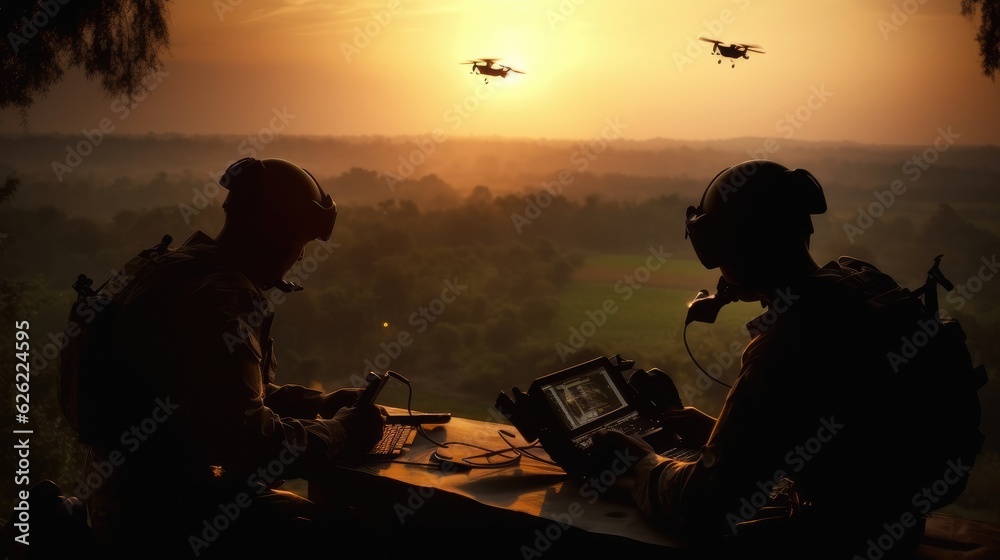 Silhouettes of soldiers are using drone and laptop for scouting during ...