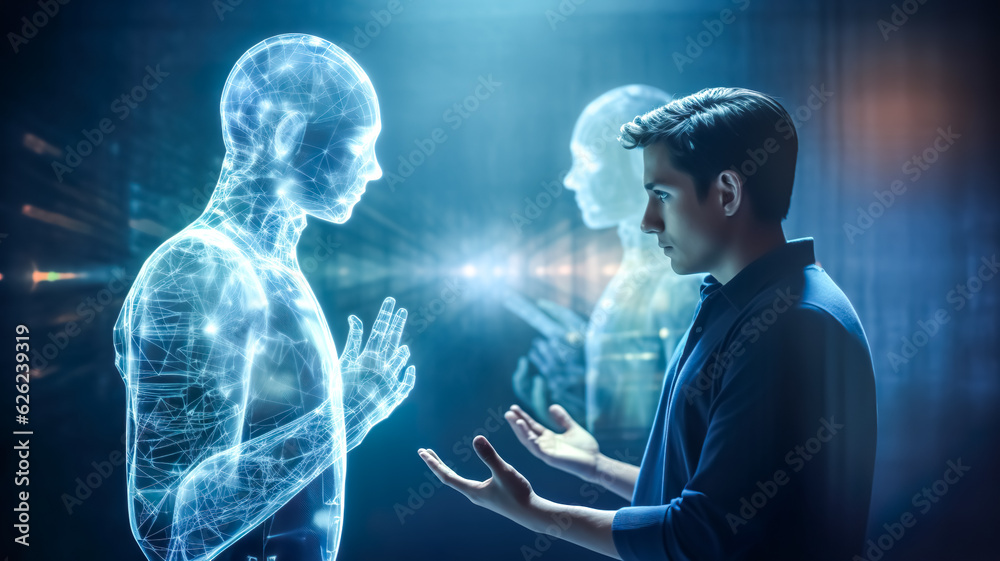 Robot talking with person in cafe machine learning reaction or ai ...