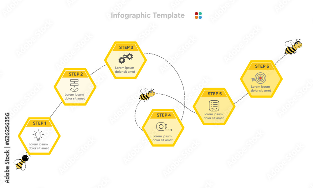 Vector de Stock Six steps hexagon beehive timeline with icon ...