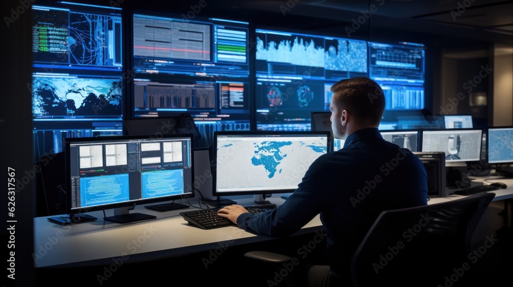 Network Operations Center Noc With Technicians Monitoring Network