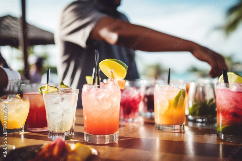Bartender serving cocktails at the beach cocktail bar venue Stock Photo ...