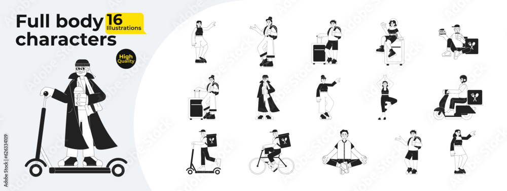 Active people monochromatic flat vector characters bundle. Leisure yoga ...