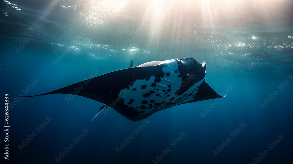 giant oceanic manta ray (Mobula birostris) swimming in the deep waters ...