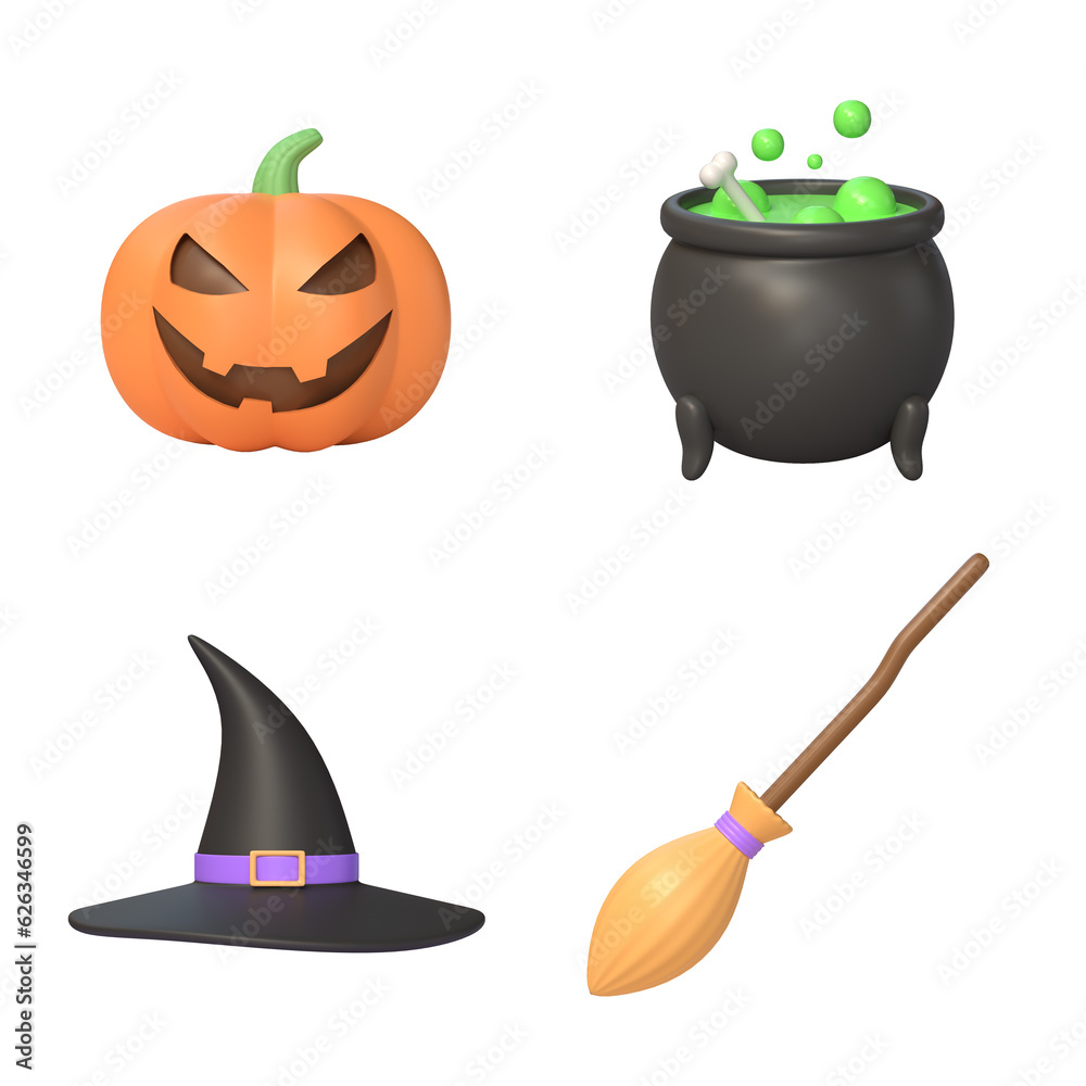 3d pumpkin, broom and witch hat, cauldron with witch's potion in ...