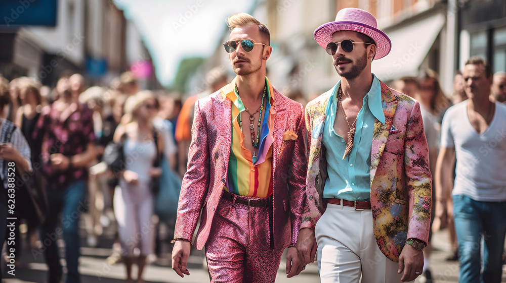 two men in colorful outfits at gay pride, pride parade, colorful ...