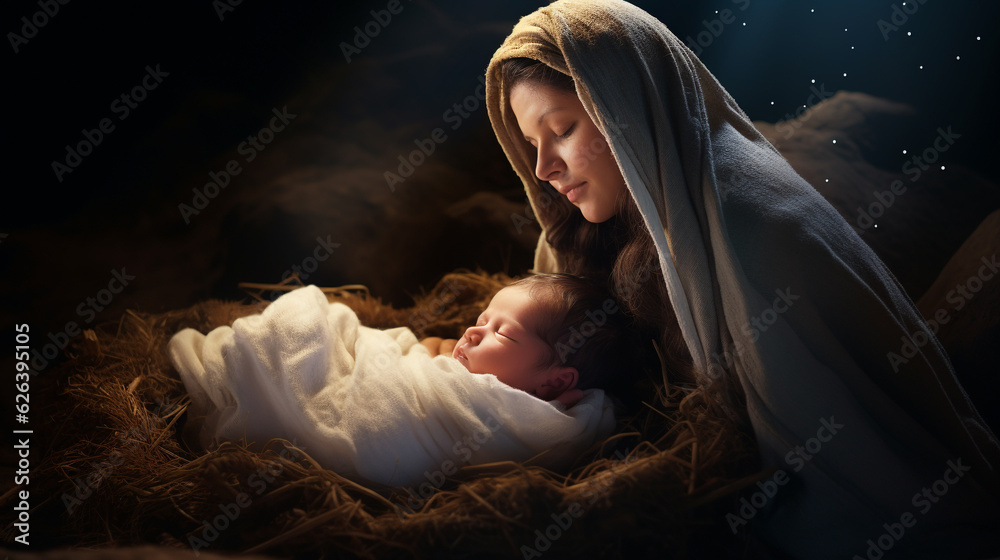 Christmas. Jesus Christ in the manger, the Virgin Mary. Christian ...