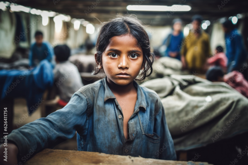 Small Indian girl portrait with blurred textile factory background ...