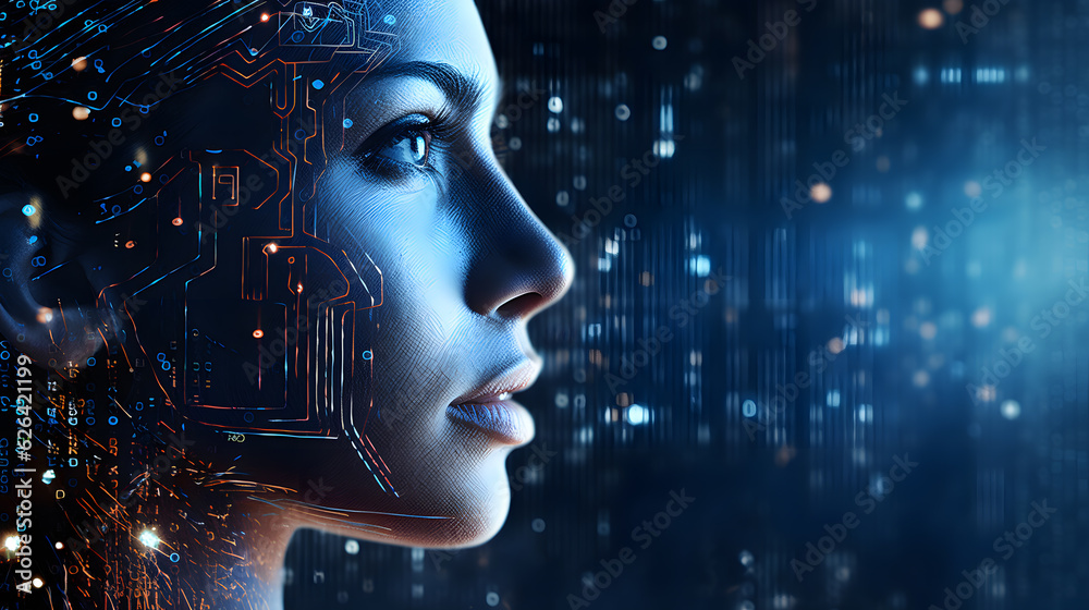 Woman face side view in artificial intelligence hologram against ...