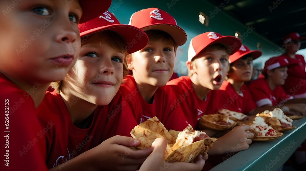 Baseball Buddies: Young Kids Enjoying a Snack while Playing Stock Photo ...